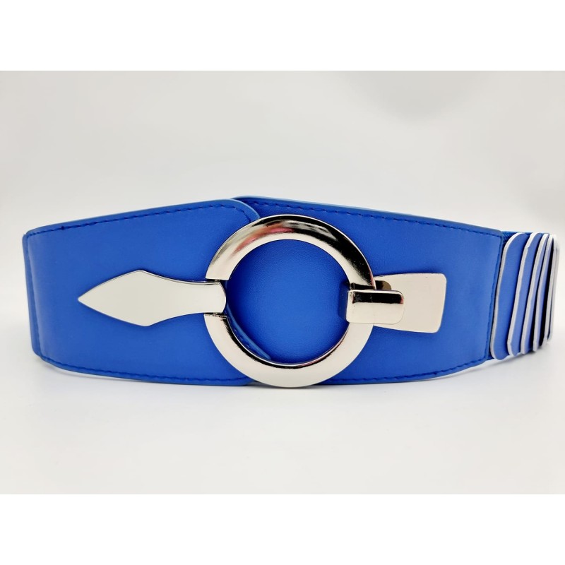 431910 Belt elastic with round buckle. Strong Blue with silver buckle